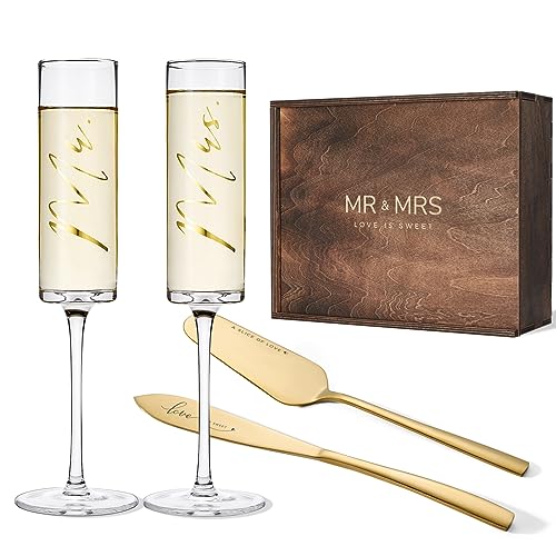 AW BRIDAL Champagne Glasses Engraved Mr & Mrs Gold Cake Cutting Set for Wedding Bridal Toasting Champagne Flutes, Wedding Gifts for Couple Cake Knife and Server Set for Anniversary Engagement Gifts