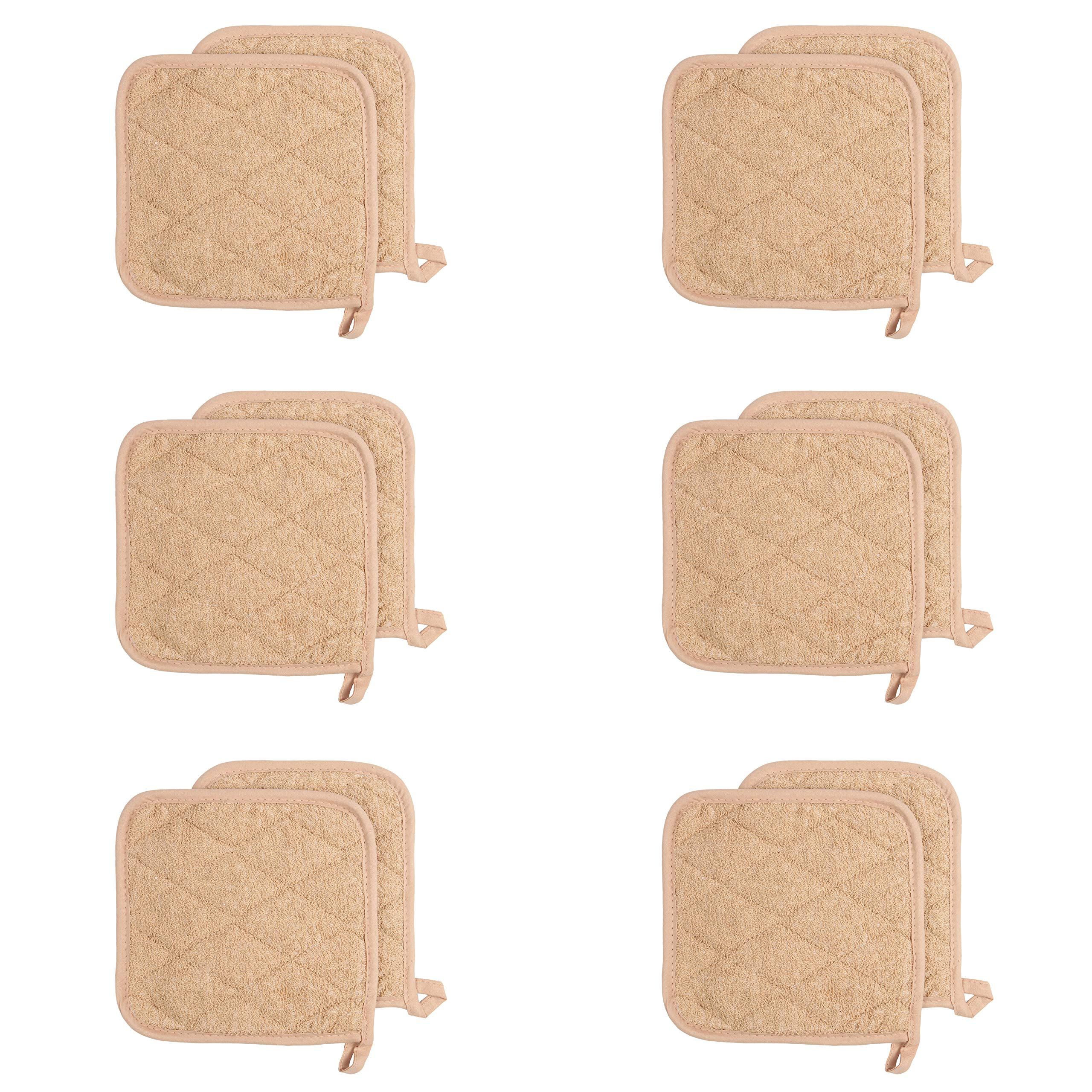 Arkwright Terry Cotton Pot Holders - (Pack of 12) Restaurants, Kitchen Hot Pad Potholder Set, Heat Resistant Coaster for Cooking and Baking, 7 x 7 in, Tan