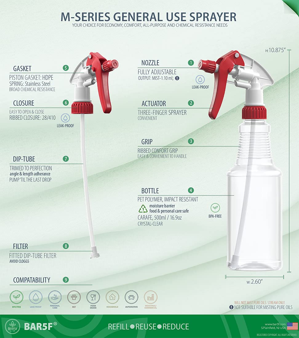 Bar5F Empty Plastic Spray Bottles 16 oz, BPA-Free Food Grade, Crystal Clear PETE1, Red/White M-Series Fully Adjustable Sprayer (Pack of 2)