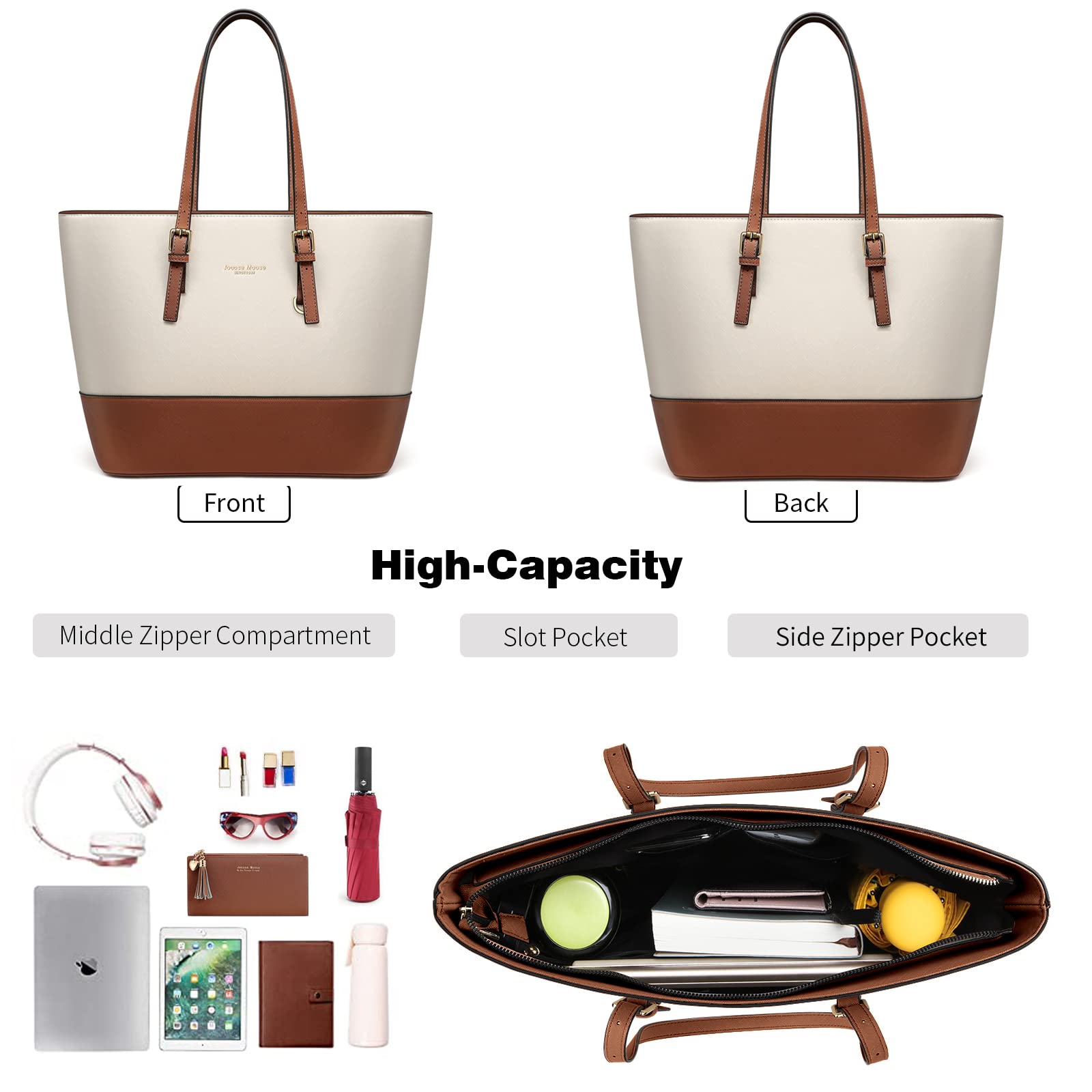 Jocose Moose Handbags for Women Wallet Tote Bag Shoulder Bag Top Handle Satchel Purse Set 3pcs (Beige + Brown)