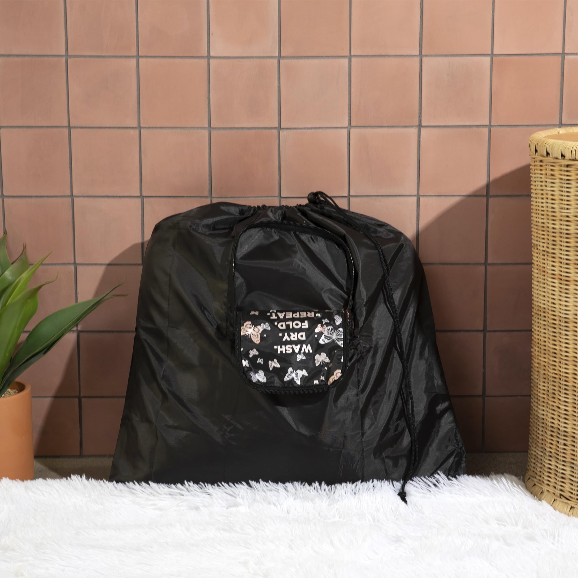 MIAMICA Miamica Foldable Travel Laundry Bag, Black Butterfly, Wash, Dry, Fold, Repeat, 21'' x 22'' β Lightweight, Durable Design with Drawstring Closure