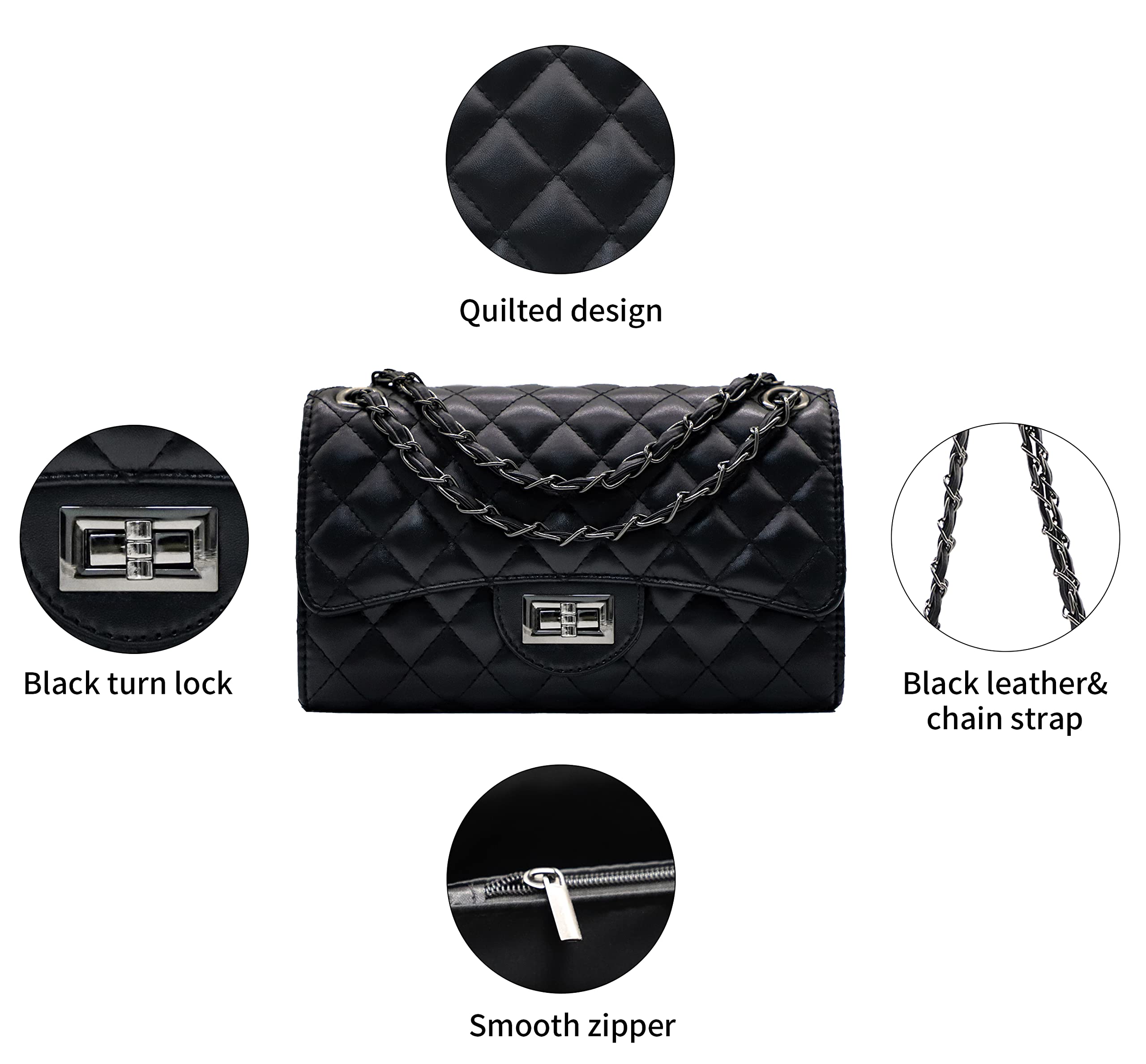 Eveupp Quilted Crossbody Bags for Women Black Chain Purse Leather Quilted Bag Clutch Purses Large