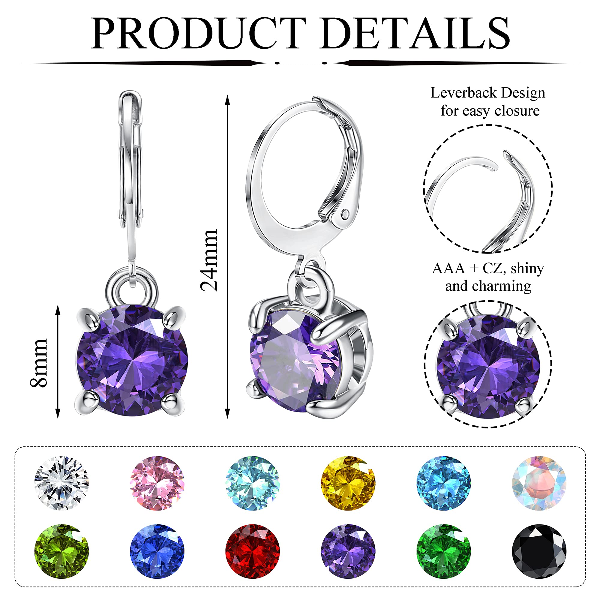 JOERICA 12 Pairs Leverback Dangle Earrings for Women Stainless Steel Dangle Hoop Earrings Set Multi Colored 8mm Cubic Zirconia Earrings