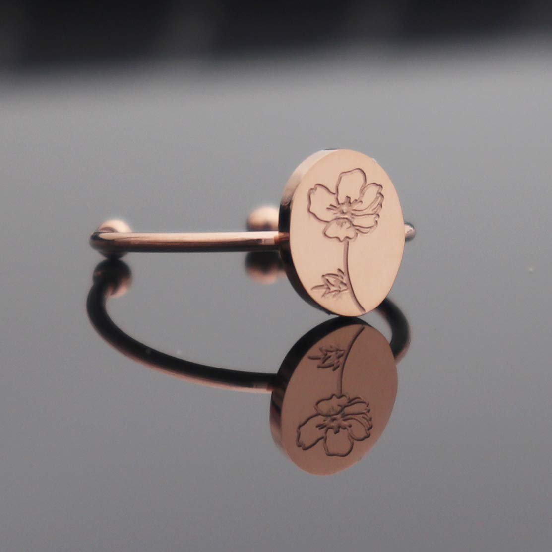 Ankiyabe Birth Flower Ring Stainless Steel Adjustable Ring Statement Oval Ring Engraved Floral Stacking Ring Birthday Gift for Her (Poppy-August)