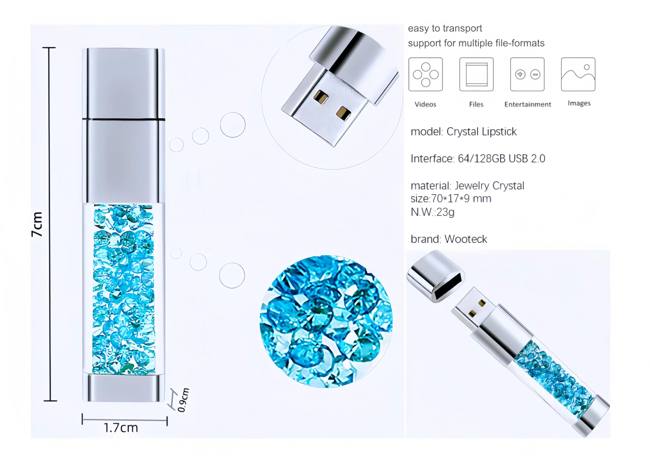 WooTeck 128GB Jewelry Crystal Lipstick USB Flash Drive,High Speed Memory Stick Pendrive, Lake Blue