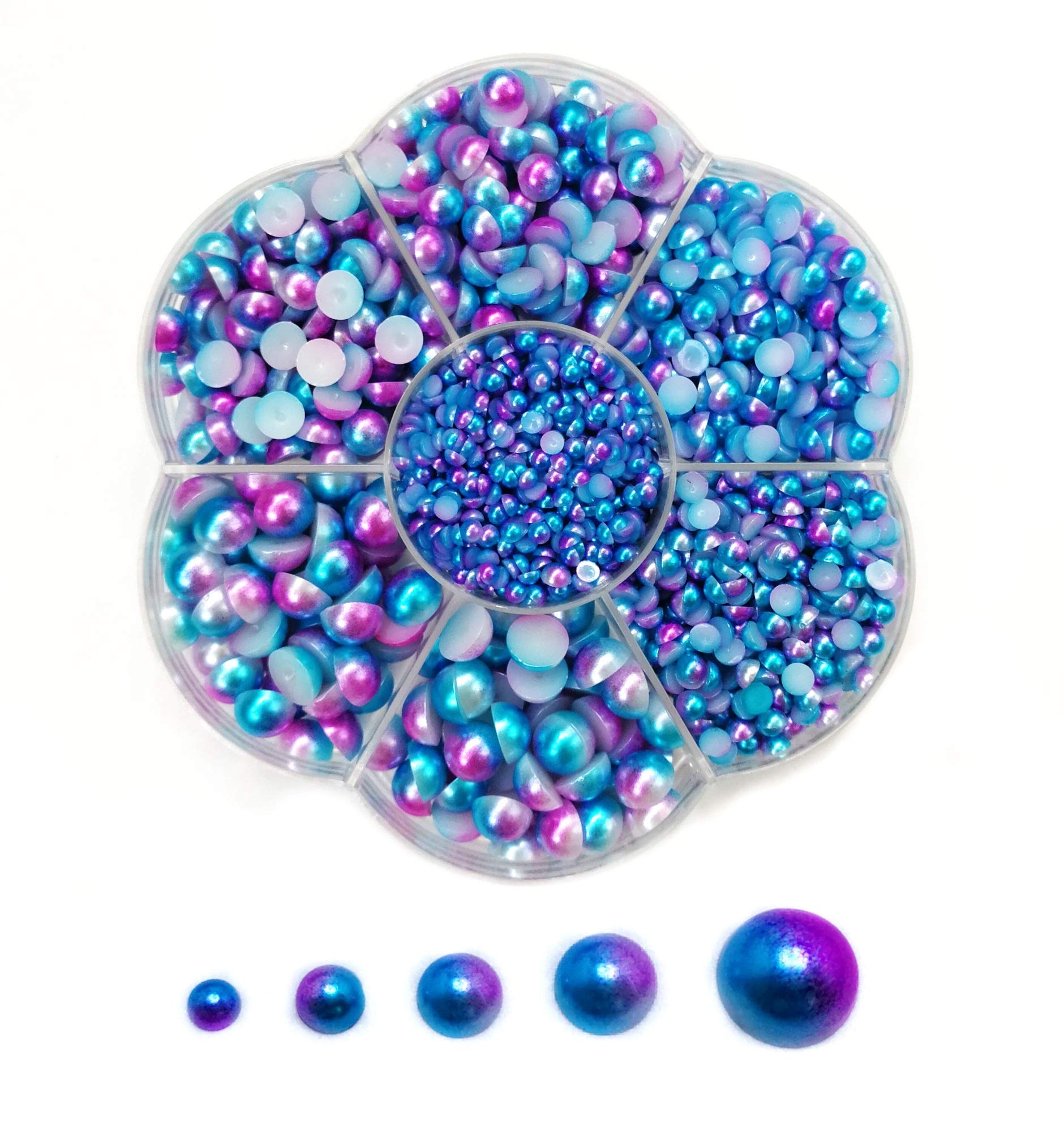 Amaney 2100pcs Satin Luster ABS Gradient Imitation Pearls Half Round Pearls Assorted Mixed Sizes 3/4/5/6/8mm Flatback Pearl Beads DIY Material (Blue)