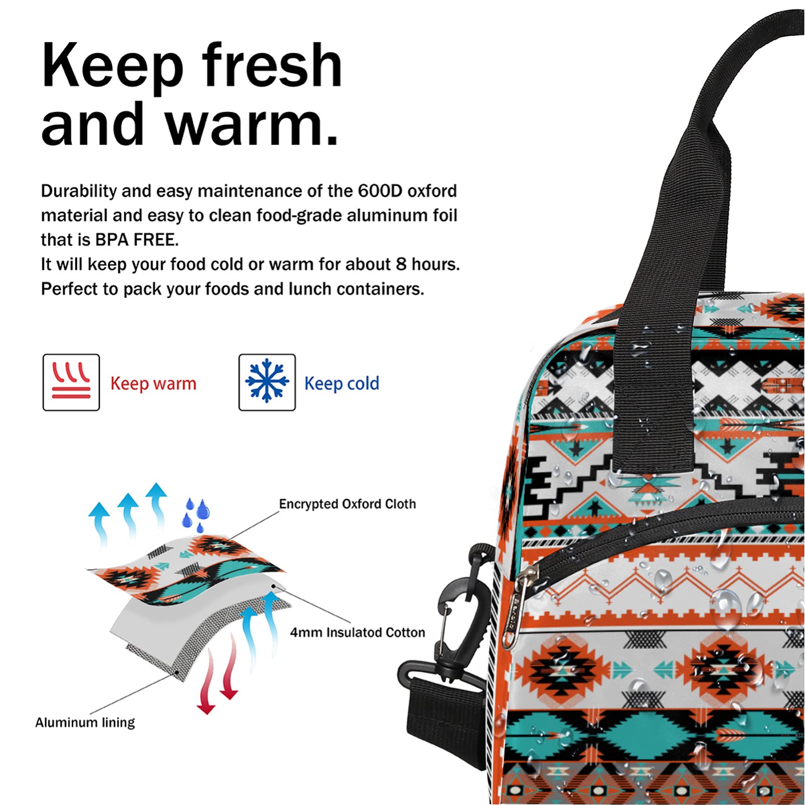 Bardic Aztec Geometric Lunch Bag, Oxford Material, Leakproof and Insulated, 11.8L x 7W x 10.2H