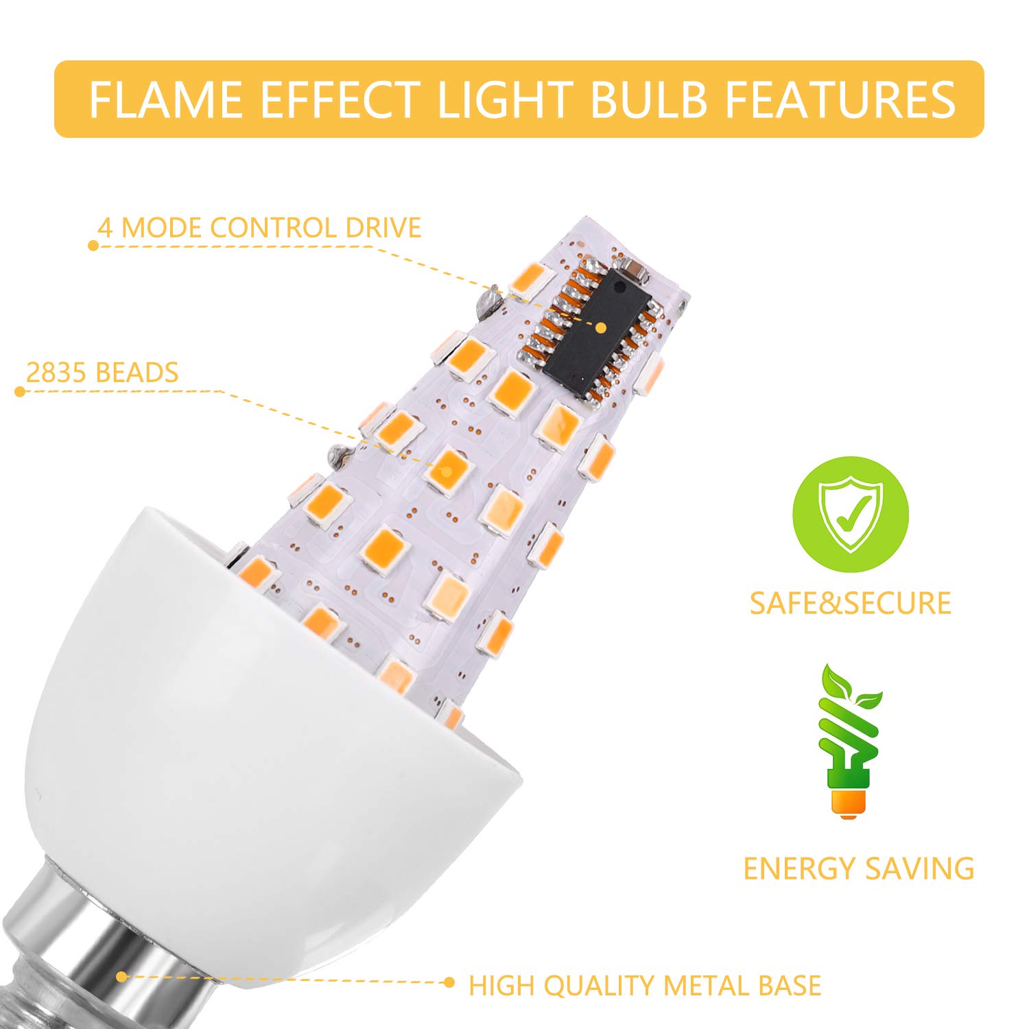 Artistic Home Xmas Decor Flame Light Bulbs - 2019 Upgrade 4 Modes Flame Effect Light Bulbs - E12 LED Flickering Candelabra Light Bulbs for Xmas/Indoor/Outdoor/Hotel/Party/Bar Decorations(2 Packs)