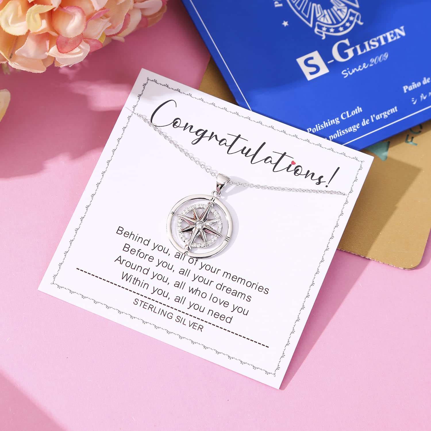 AmpleLove Graduation Gifts for Her, Sterling Silver compass Necklace Pendant, Necklaces for Women, College, High School Graduation Necklace
