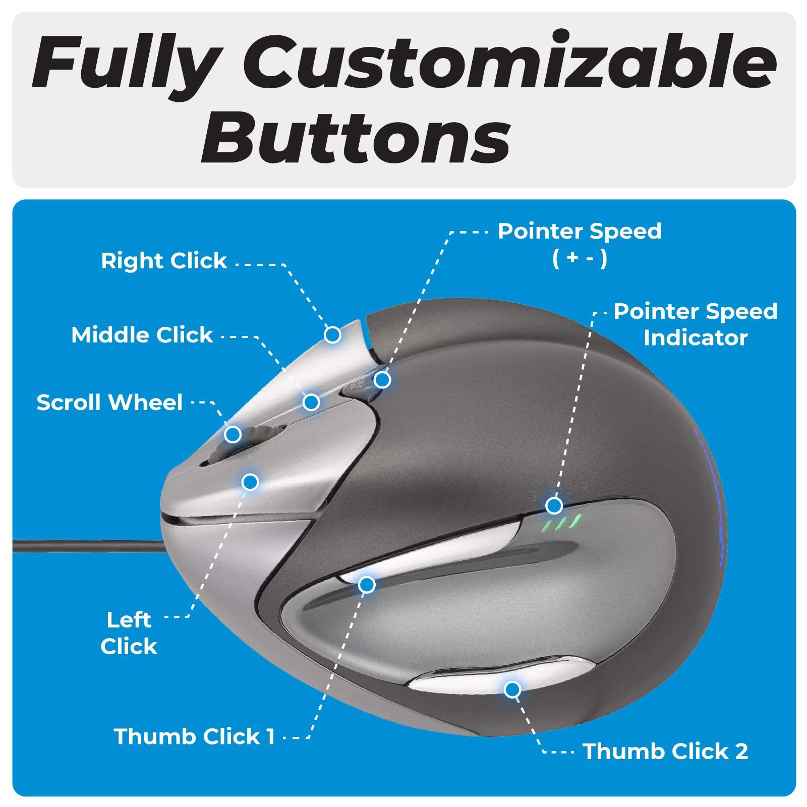 Evoluent VM4R Vertical Mouse 4 for Right Hand โ Ergonomic Mouse Wired USB, Helps Reduce Carpal Tunnel, Adjustable Speed & Programmable Buttons, Vertical Ergonomic Wired Mouse, Gaming & Office Use