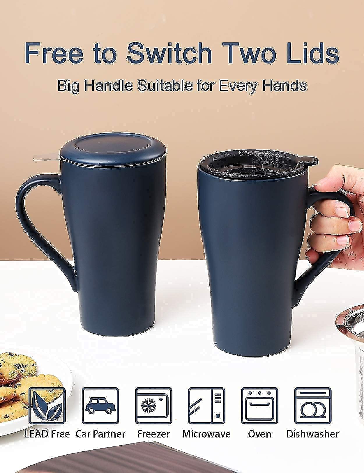 ARRADEN Two Set Tea Cup with Infuser and 4 Lids, 18oz Large Tea Infuser Mug, Tea Strainer Cup for Loose Tea, Travel Mug with Tea Bag Holder
