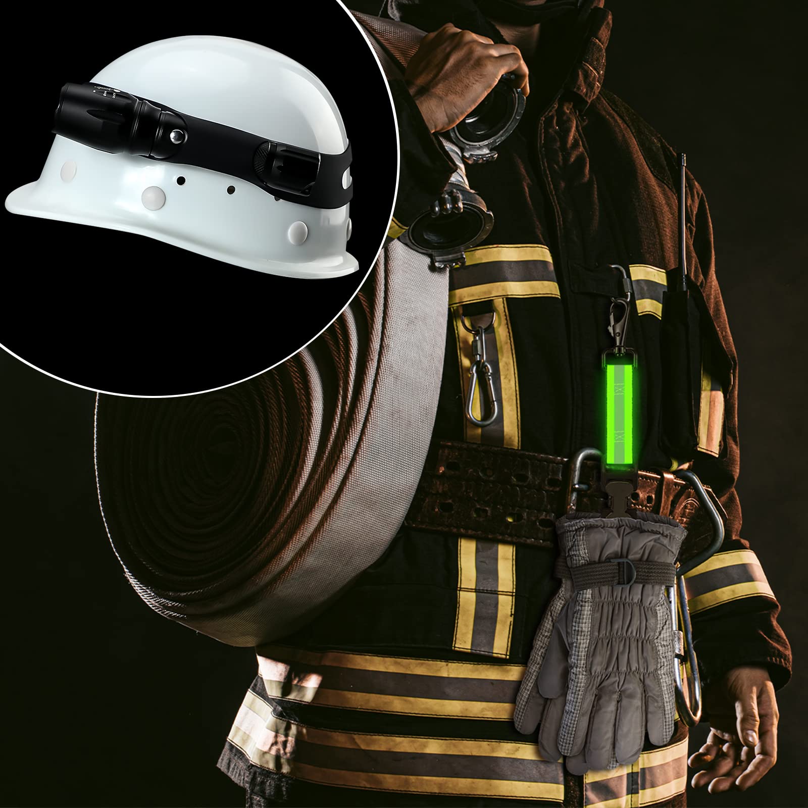 Amylove 4 Pieces Firefighter Glove Strap Firefighter Fire Helmet Band Glove Safety Strap with Green Reflective Trim Rubber Helmet Strap Firefighter Tools Fire Gear Accessories