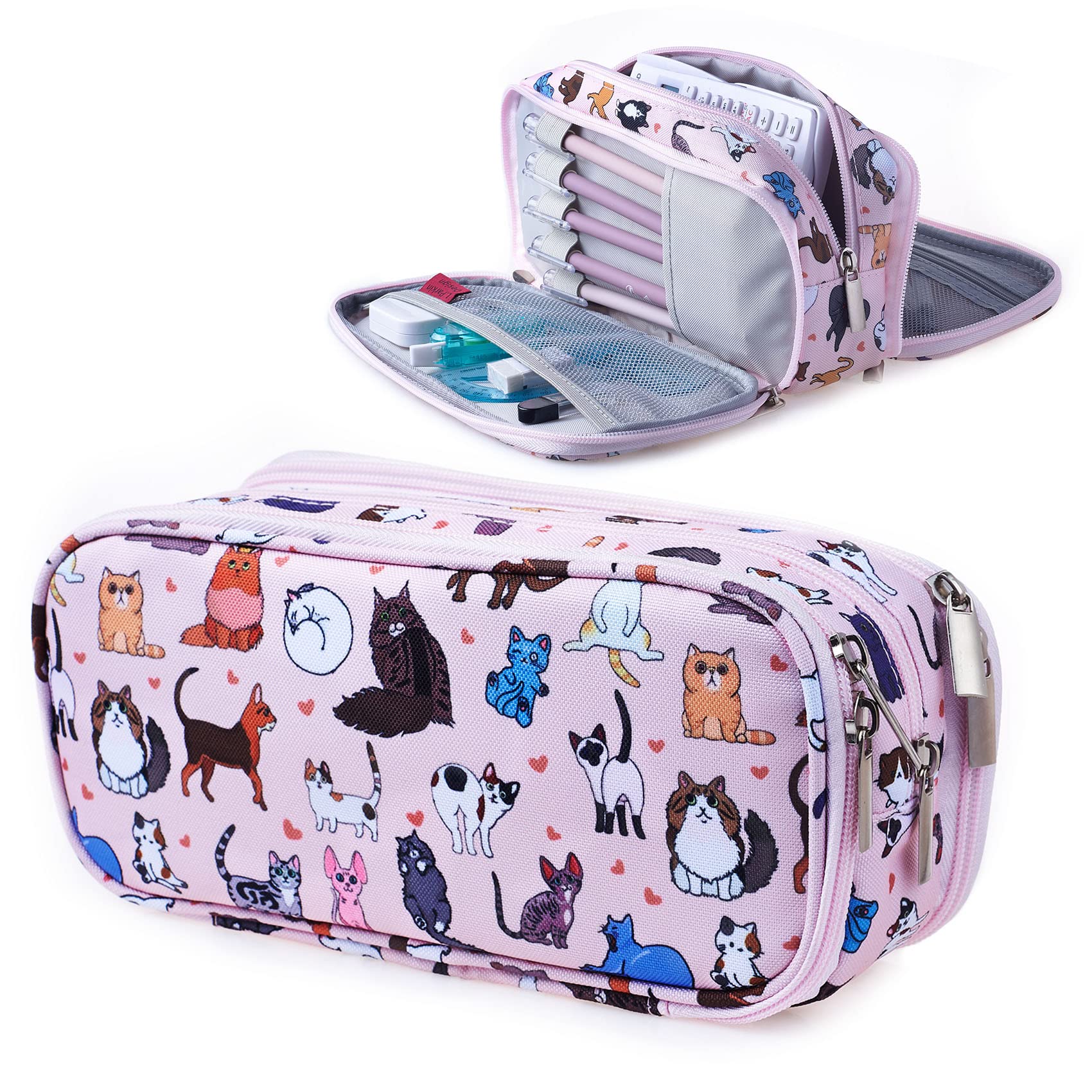 LParkin Cute Cat Pencil Case Super Large Capacity 3 Compartments Canvas Pencil Box Kawaii Makeup Bag Cat Gifts for Boys Girls