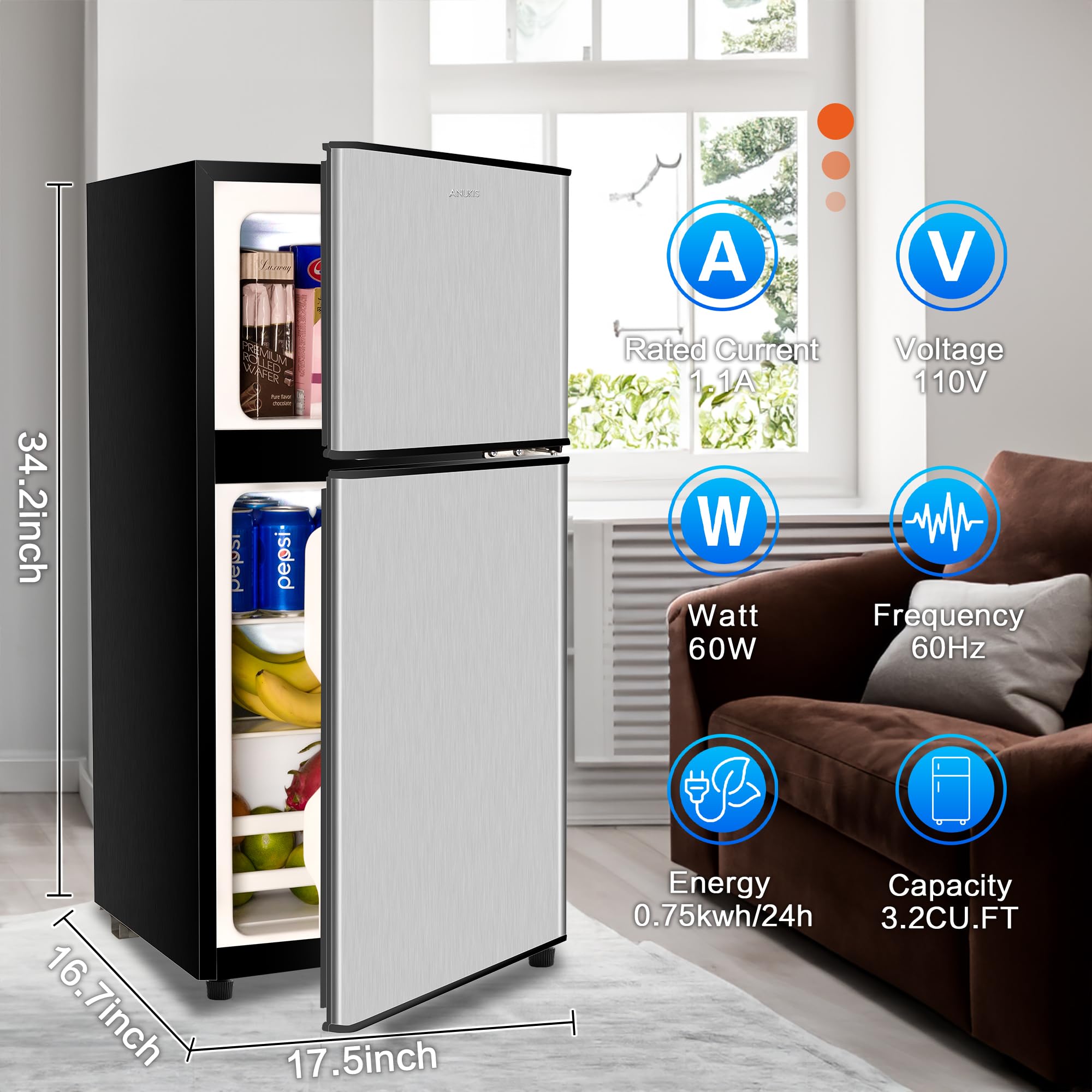 Anukis Mini Fridge with Freezer 3.2 Cu Ft 2 Door Mini Fridge for Apartment, Dorm, Office, Family, Basement, Garage - Retro Red