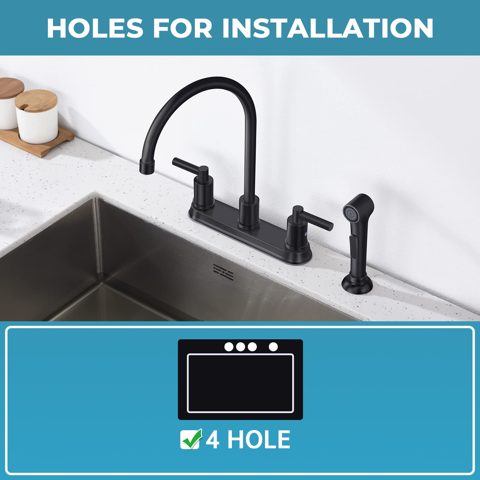 ARRISEA 8 inch Two Lever Kitchen Faucet with Pull Out Side Sprayer,Black Stainless Steel Two Handle Kitchen Sink Faucet,4 Hole Kitchen Faucets with Side Sprayer,Faucet for Kitchen Sink