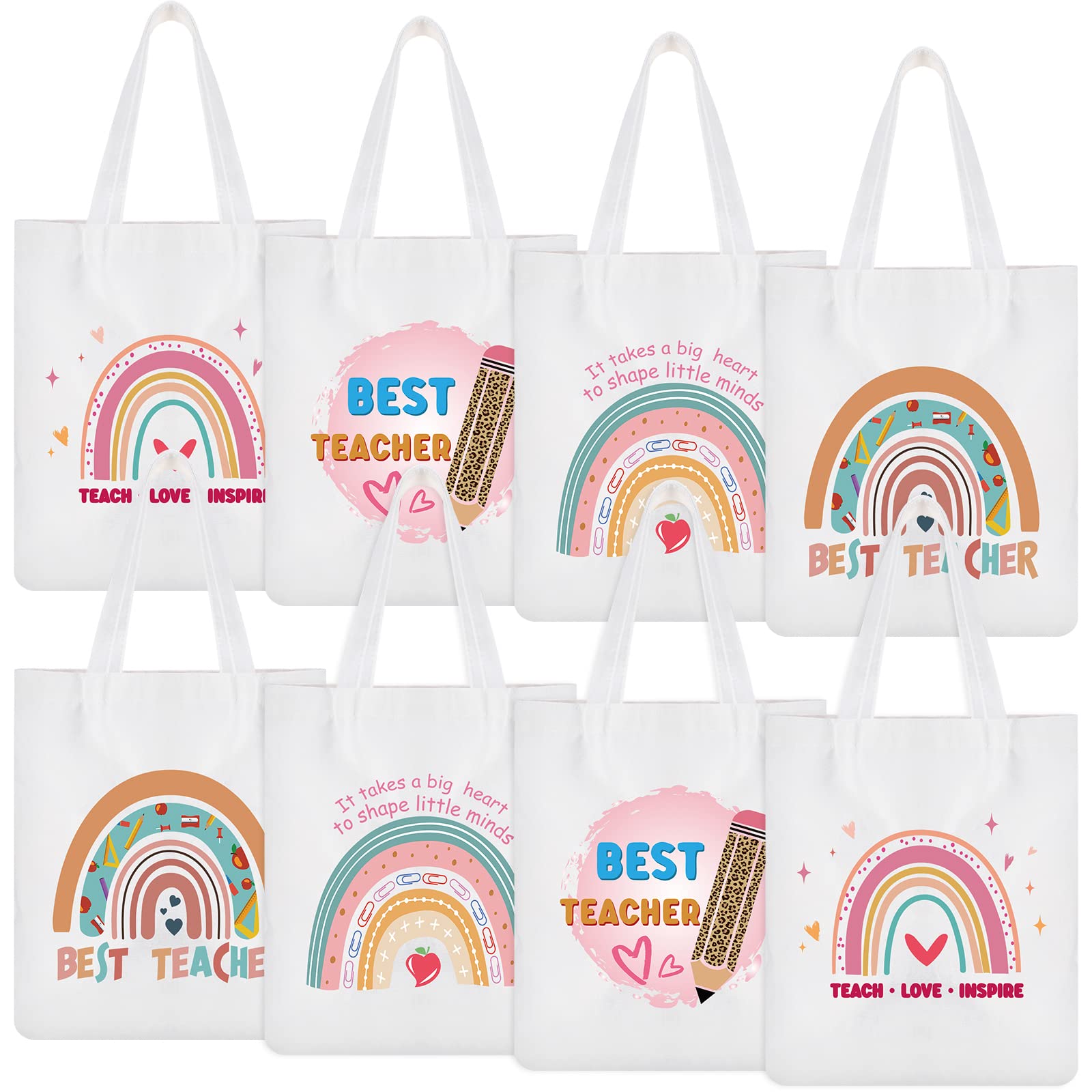 Amylove 8 Pcs Teacher Appreciation Gifts Canvas Tote Bags Bulk Thank You Teacher Bag Rainbow Inspirational Handbag(Classic)