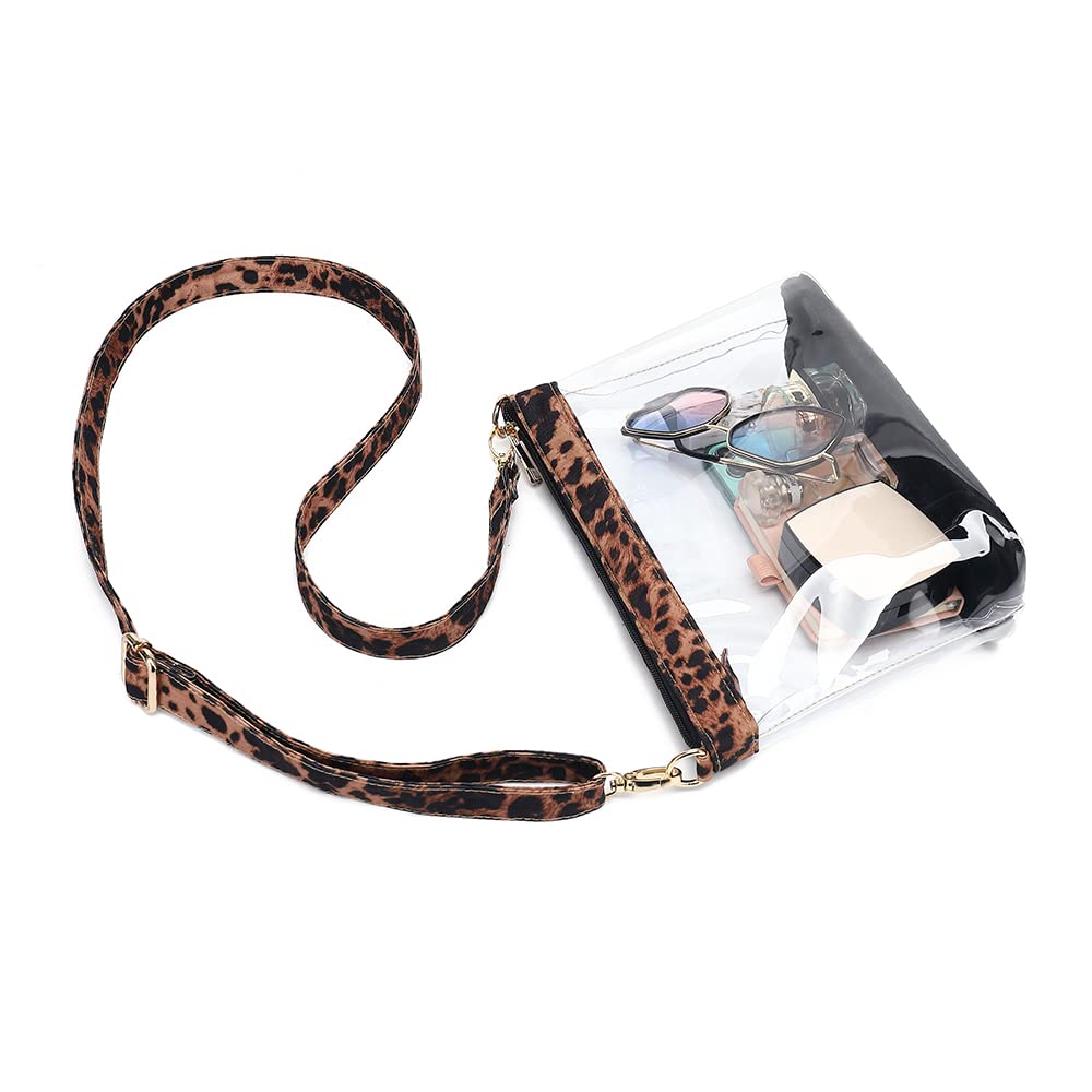 LOXOMU Clear Purses for Women Stadium, Leopard Print Clear Crossbody Bag, Clear Bag and Handbag with Adjustable Shoulder Strap for Work, Travel, Concerts (Brown)