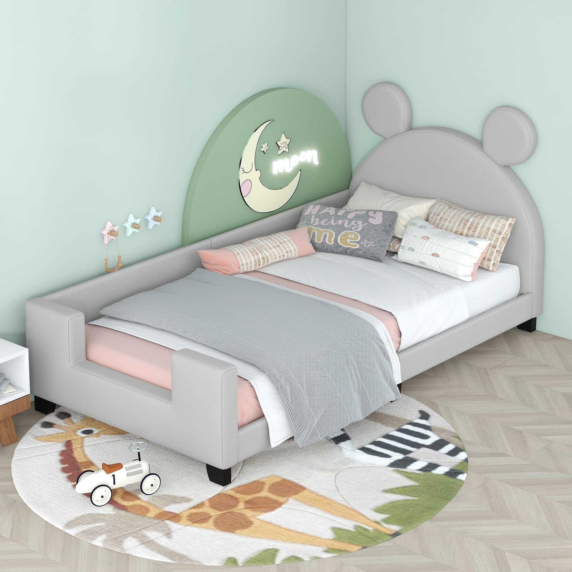 Bellemave Twin Upholstered Daybed with Carton Ears Shaped Headboard, Low Platform Bed Frame with Rails for Kids Girls Boys Teens, Gray