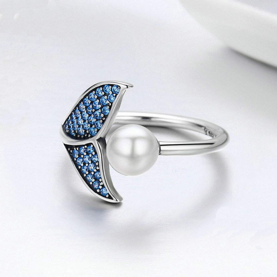 Amaer Dolphin ring S925 Sterling Silver Dolphin Tail Adjustable Finger Ring for Women Girls Open Eternity pearl Ring High Polished White Gold