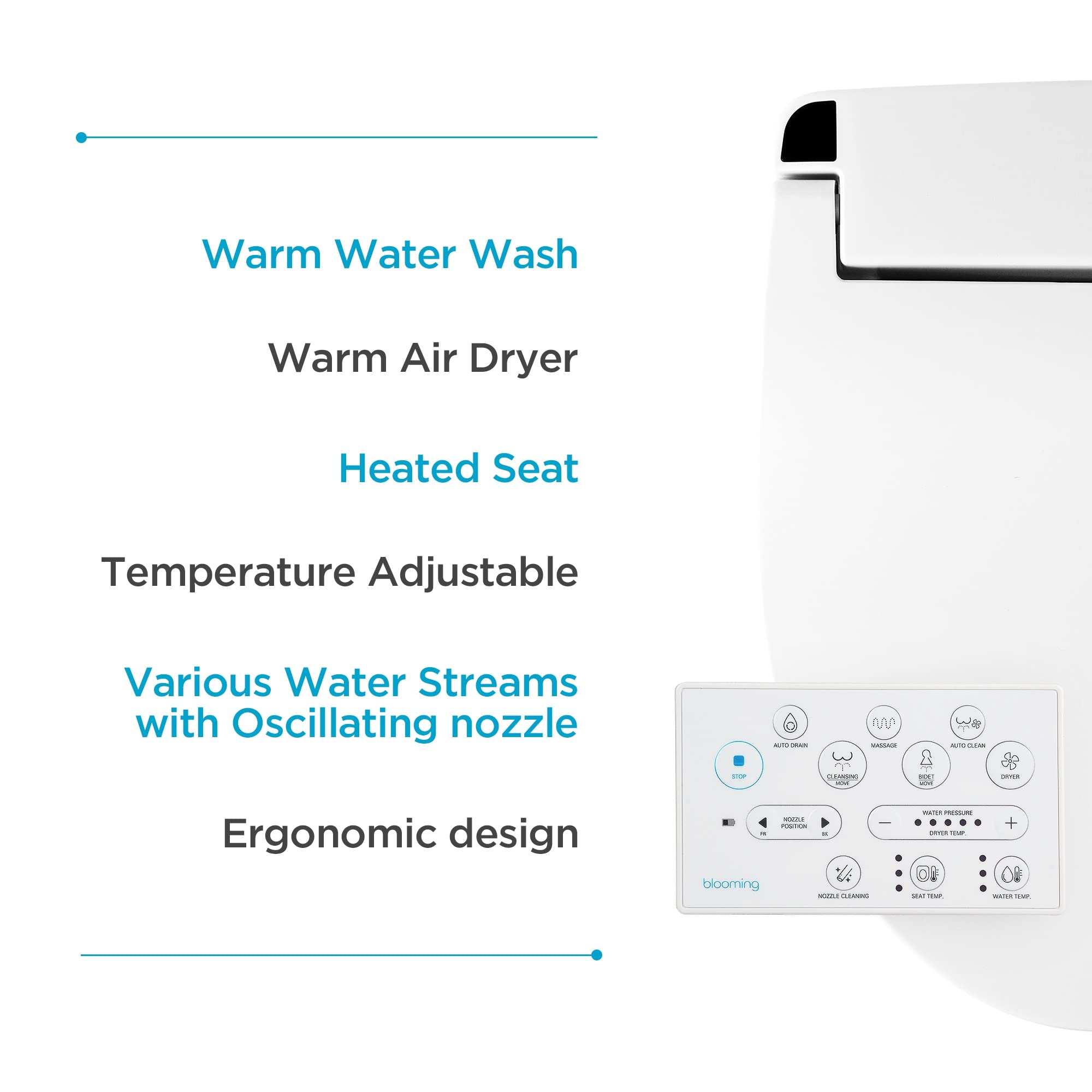 Blooming NB-R1260E Bidet Toilet Seat with Premium Water Filtration System, Fits Elongated Toilets, Sittable Lid