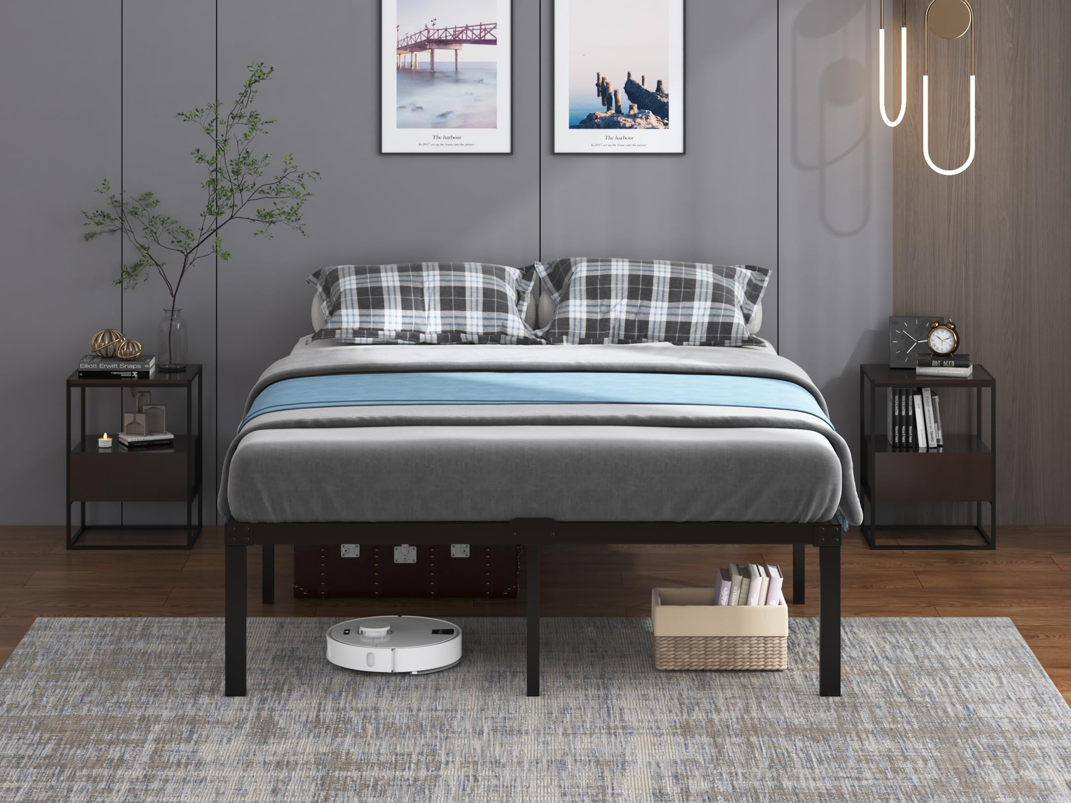 AROMUSTIME 16 Inch Reinfore Metal Platform Bed Frame with Round Legs / 3,800 lbs Heavy Duty Steel Slat Easy Assembly Mattress Foundation/No Noise/Box Spring Replacement, Queen