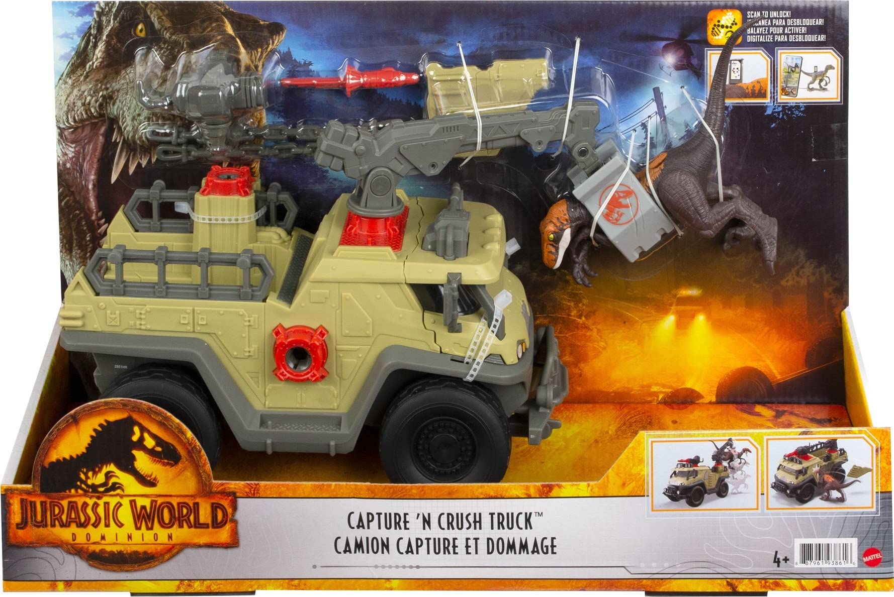 Mattel Jurassic World Dominion Capture & Crush Truck & Dino Playset with Velociraptor Action Figure, Vehicle Features Tranq Shooter, Crane & 2 Breakaways
