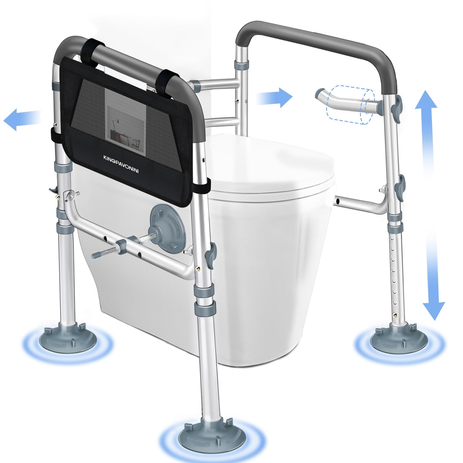 KingPavonini Toilet Safety Rail (400 LB) - Adjustable Foldable Toilet Safety Frame for Elderly and Disabled - Stand Alone Toilet Rails for Seniors with Storage Bag and Paper Holder - Fits Most Toilets