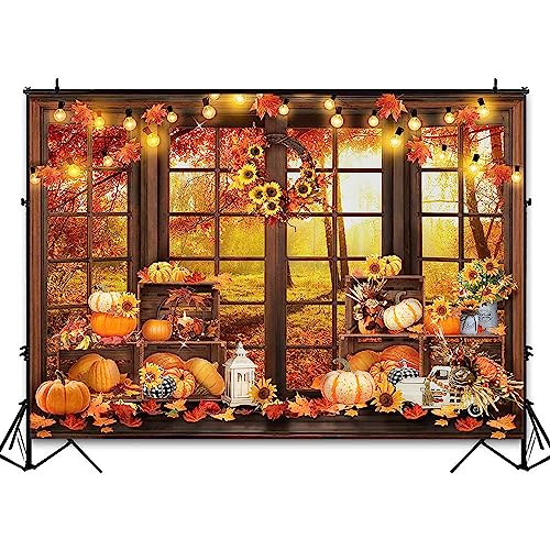 Avezano Fall Backdrops for Photography Sunflowers and Pumpkin Harvest Portrait Photo Background Rustic Window Autumn Forest Scene Thanksgiving Holiday Party Decorations Banner Props (7x5ft)