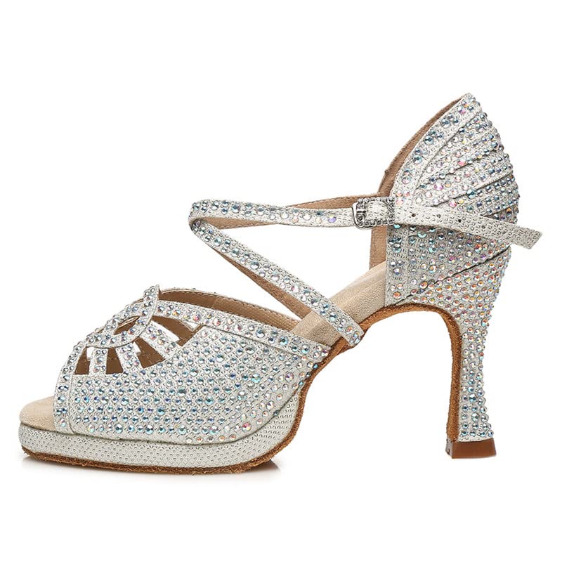 AOQUNFS Rhinestones Latin Dance Shoes Salsa Ballroom Practice Perfermence Dance Shoes for Women, Silver-L458-7.5,US7