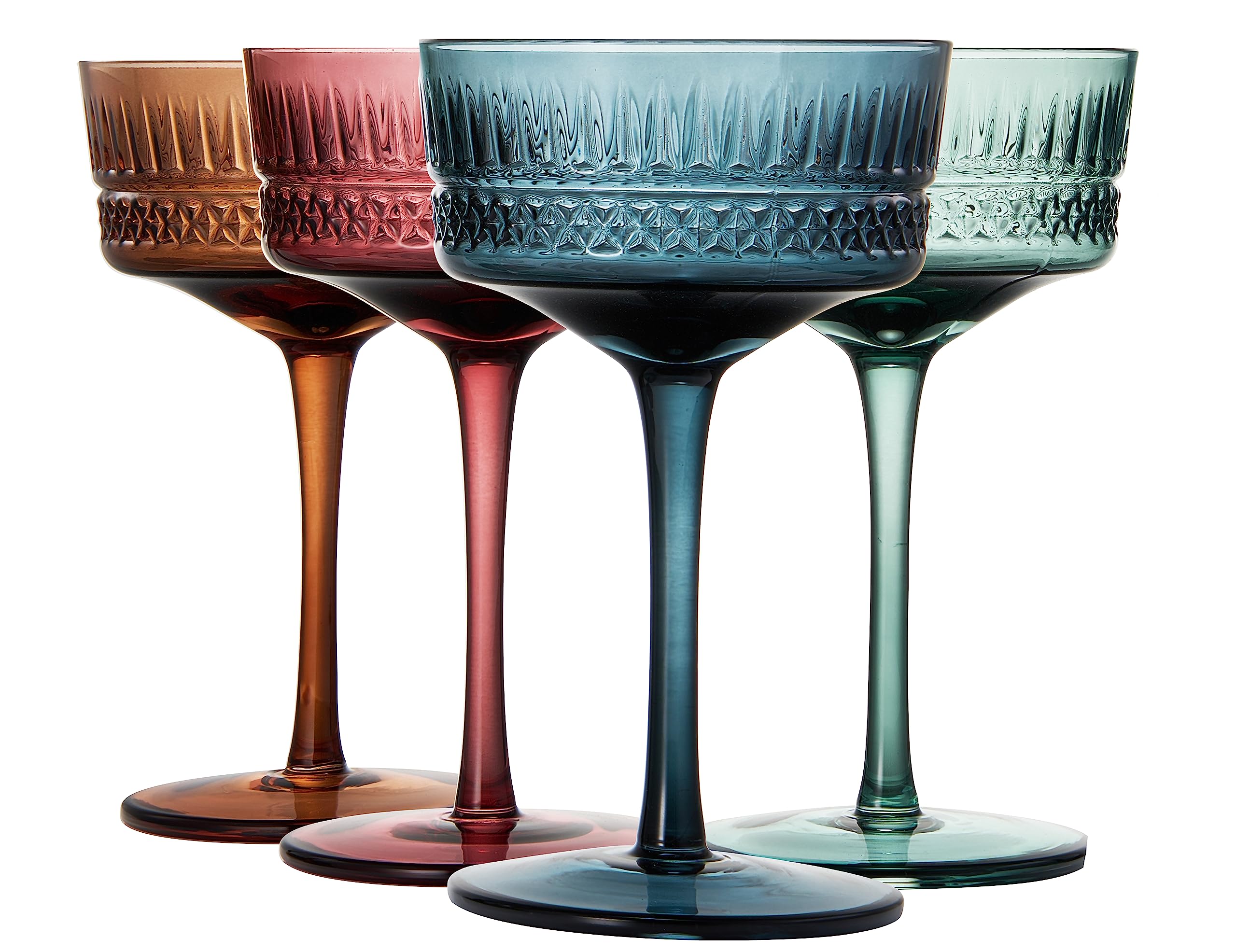 Art Deco Colored Crystal Coupe Glass | Set of 4 | Large 9.6oz Stemmed Glassware Muted Vintage Glasses for Champagne, Cocktail, Margarita, Wine Glass, Gift Idea, Pastel Unique Speakeasy Style Goblet