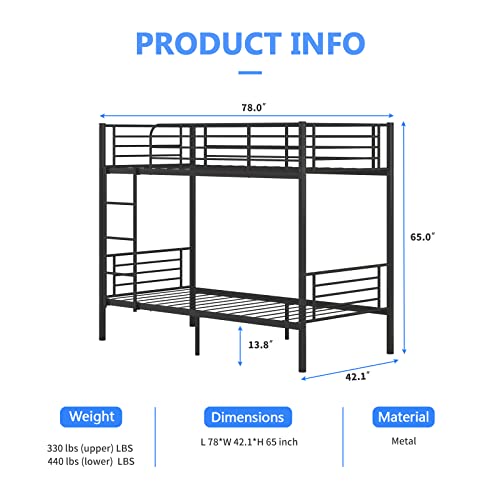 Alohappy Metal Bunk Bed Twin Over Twin, Twin Bunk Beds with Removable Ladder and Safety Guard Rail, 13.8β Under Bed Storage Space, No Box Spring Needed, Easy to Climb, Industrial Style(Black)