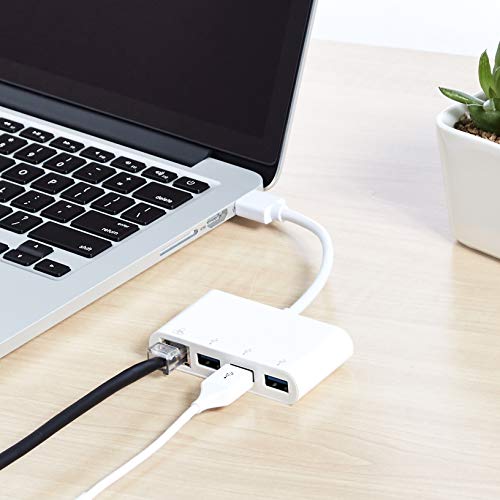 Amazon Basics 3-Port USB 3.0 Adapter with RJ45 Gigabit Ethernet Port, White, 3 USB A + 1 RJ45