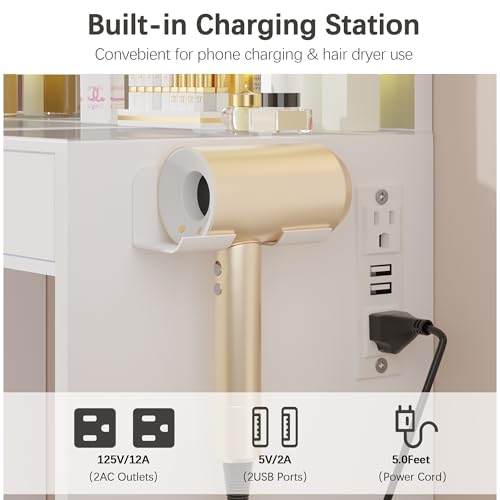VECELO Vanity Desk Set with LED Lighted Mirror & Power Outlet, Makeup Table with Large Drawer, Storage Stool and Hair Dryer Stand, for Bedroom, White