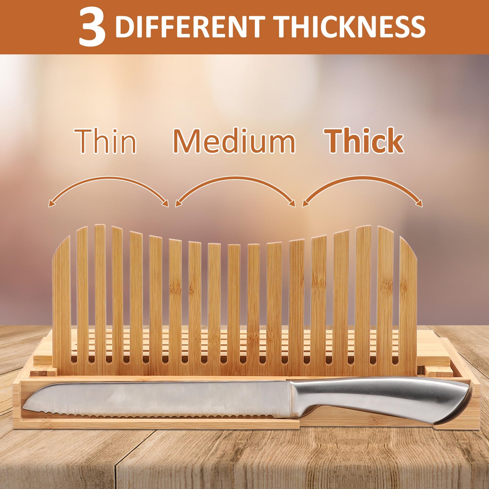 Bamboo Bread Slicer with Bread Knife for Homemade Bread, 3 Slice Thickness, Foldable Compact Cutting Guide with Crumb Tray and Stainless Steel Knife, Easy to cutting Bagels, Cakes,Sourdough Bread
