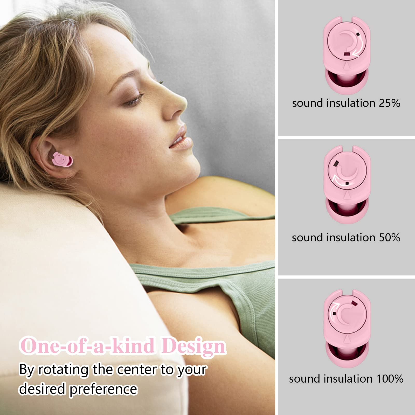 Adjustable Ear Plugs for Noise Reduction-3 Pairs of Reusable Hearing Protection in S/M/L for Sleep, Studying, Flights, Noise Sensitivity-Pink