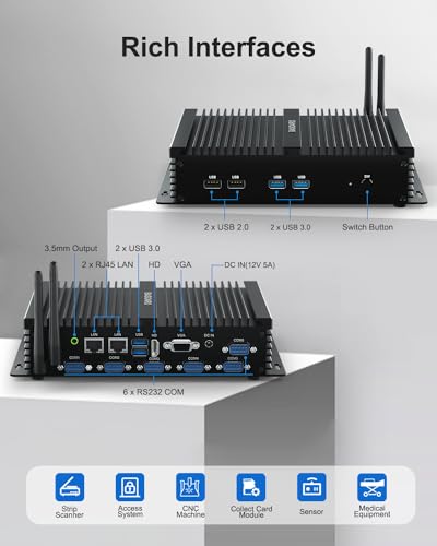 BASOARO Mini Industrial PC Fanless PC i5 4200U Mini PC RS232, Dual Gigabit RJ45 LAN, 8G RAM 128G SSD, HD VGA Dual Display Support 4K, Dual Band WiFi, BT 4.0, 6 USB, Metal Case, Mini PC Windows 10