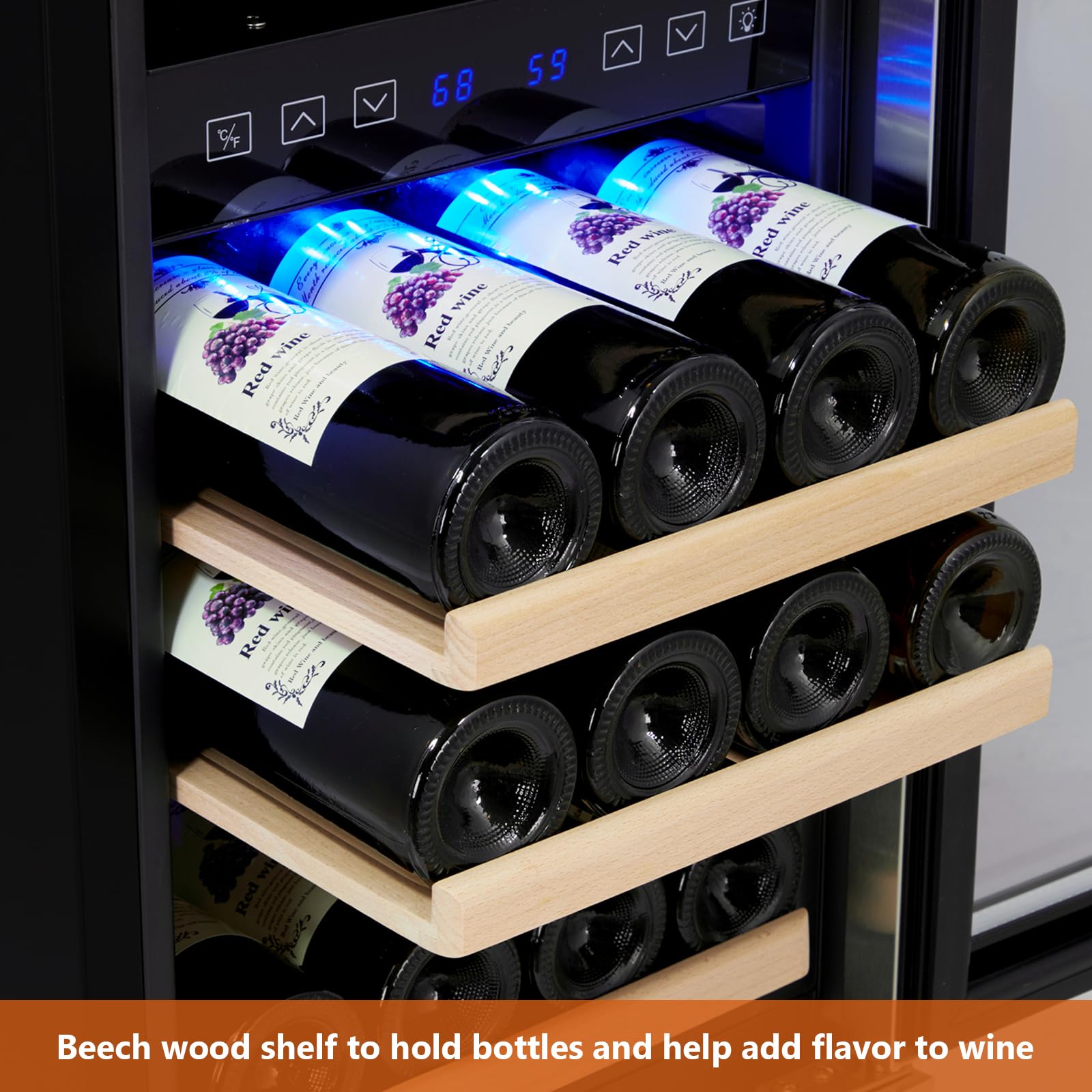 Towallmark 24 Inch Wine Cooler Refrigerator-46 Bottle, Dual Zone Seamless Stainless Steel Built-in Freestanding Wine Fridge, Double-Layer Tempered Glass Door with Lock, Under Counter Wine Cellar