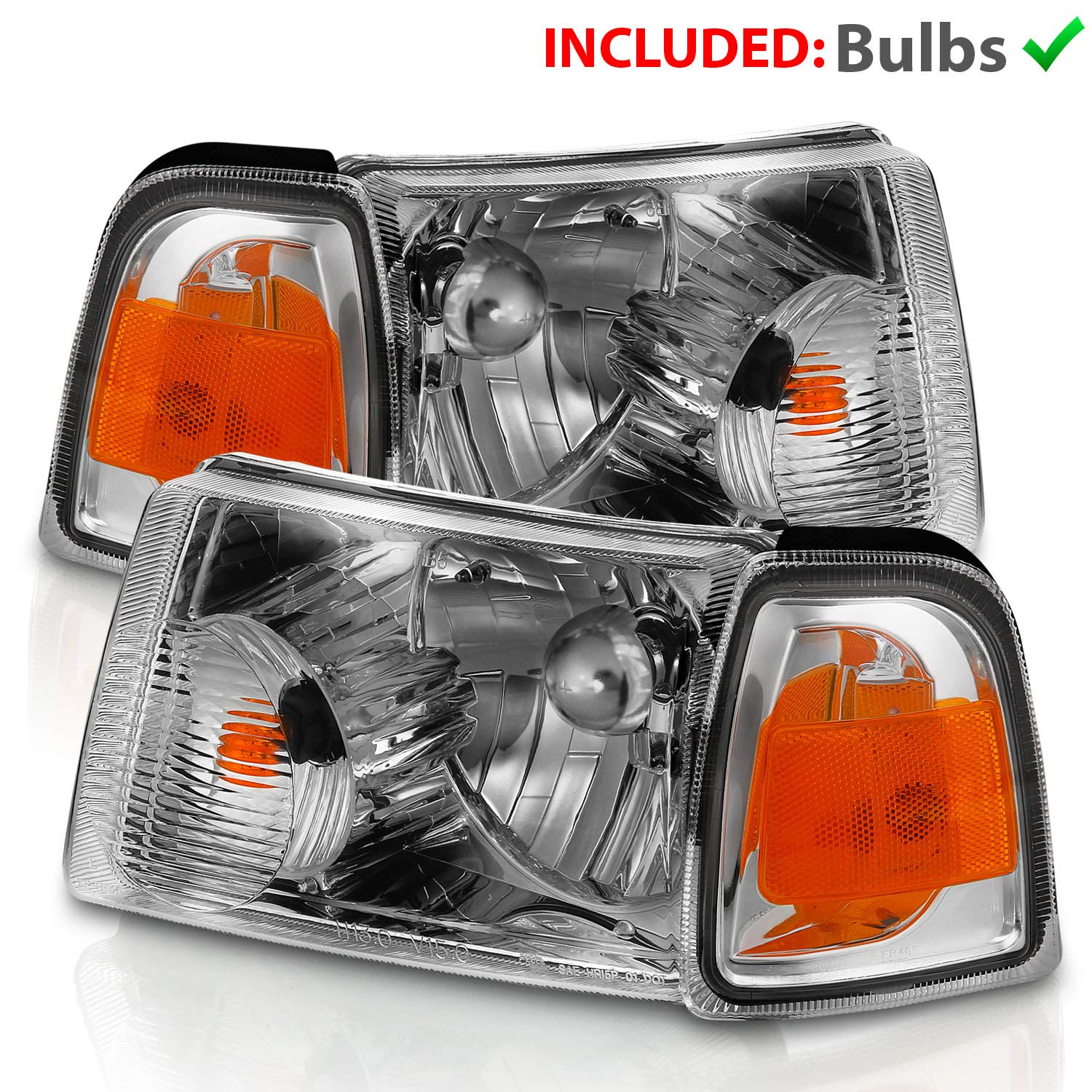 AmeriLite for 2001-2011 Ranger Pickup Truck Chrome Factory Style OE Fitment Replacement Headlights Assembly w/o Corner Lamp Pair - Driver and Passenger Side