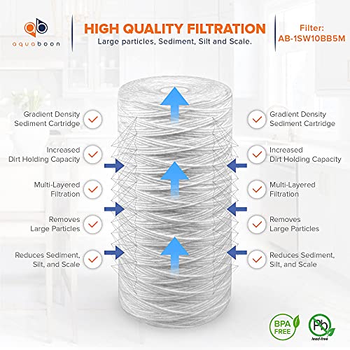 Aquaboon 4.5β x 10" Whole House Water Filter System with Pressure Release (1" Port) & Aquaboon 5 Micron 10" String Wound Sediment Water Filter Cartridge