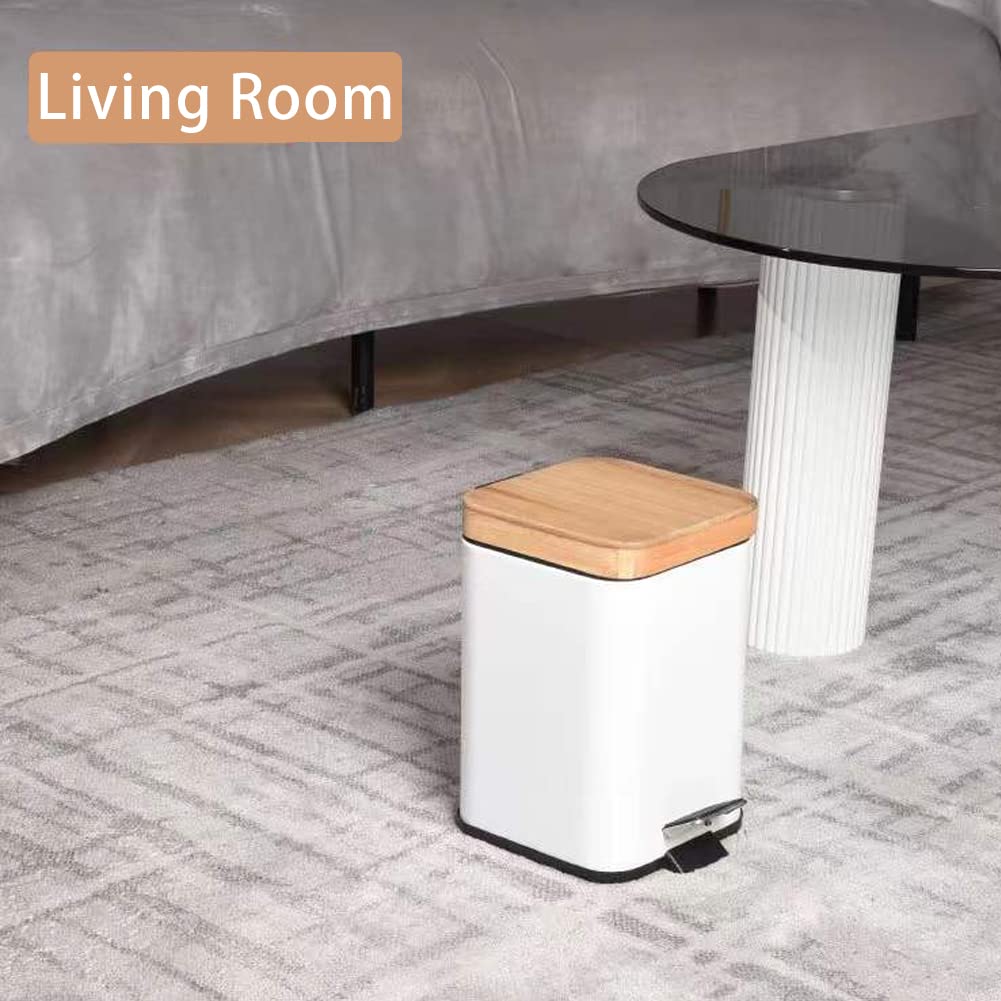 Aupekro Mini Bathroom Trash Can with Bamboo Lid Soft Close, 0.8 Gal / 3 L Square Step Garbage Container Bin with Removable Inner Wastebasket for Bedroom, Kitchen, Office (White)