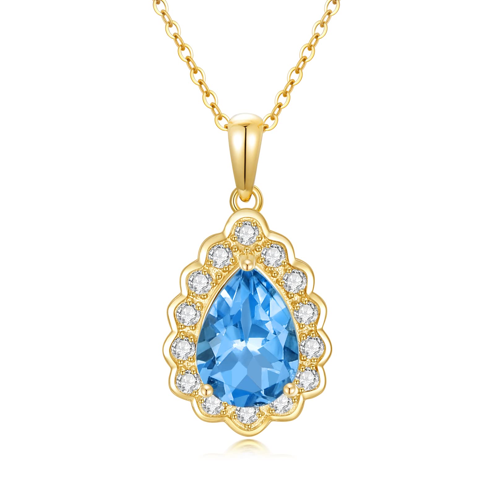 Ayafee 14K Real Gold Blue Topaz Necklace Sparkling Gemstone Pendant Elegant and Timeless Jewelry Gift for Women