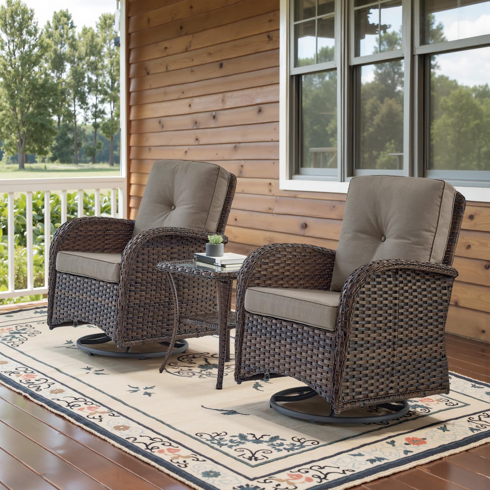 Belord Patio Wicker Chairs Swivel Rocker - Outdoor Swivel Rocking Chairs Set of 2 with Rattan Side Table, Patio Swivel Glider Chair 3 Piece Patio Furniture Sets for Patio Porch Pool Brown/Grey