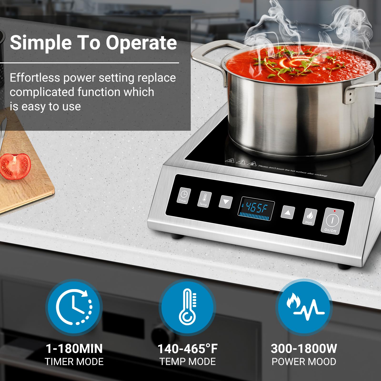 AMZCHEF Induction Cooktop Commercial, Professional Portable Induction Burner, 1800W Countertop Stove Burner with ETL-Certified Induction Hot Plate 3 Hours Timer,8 Temperature & Power Levels,LCD Screen