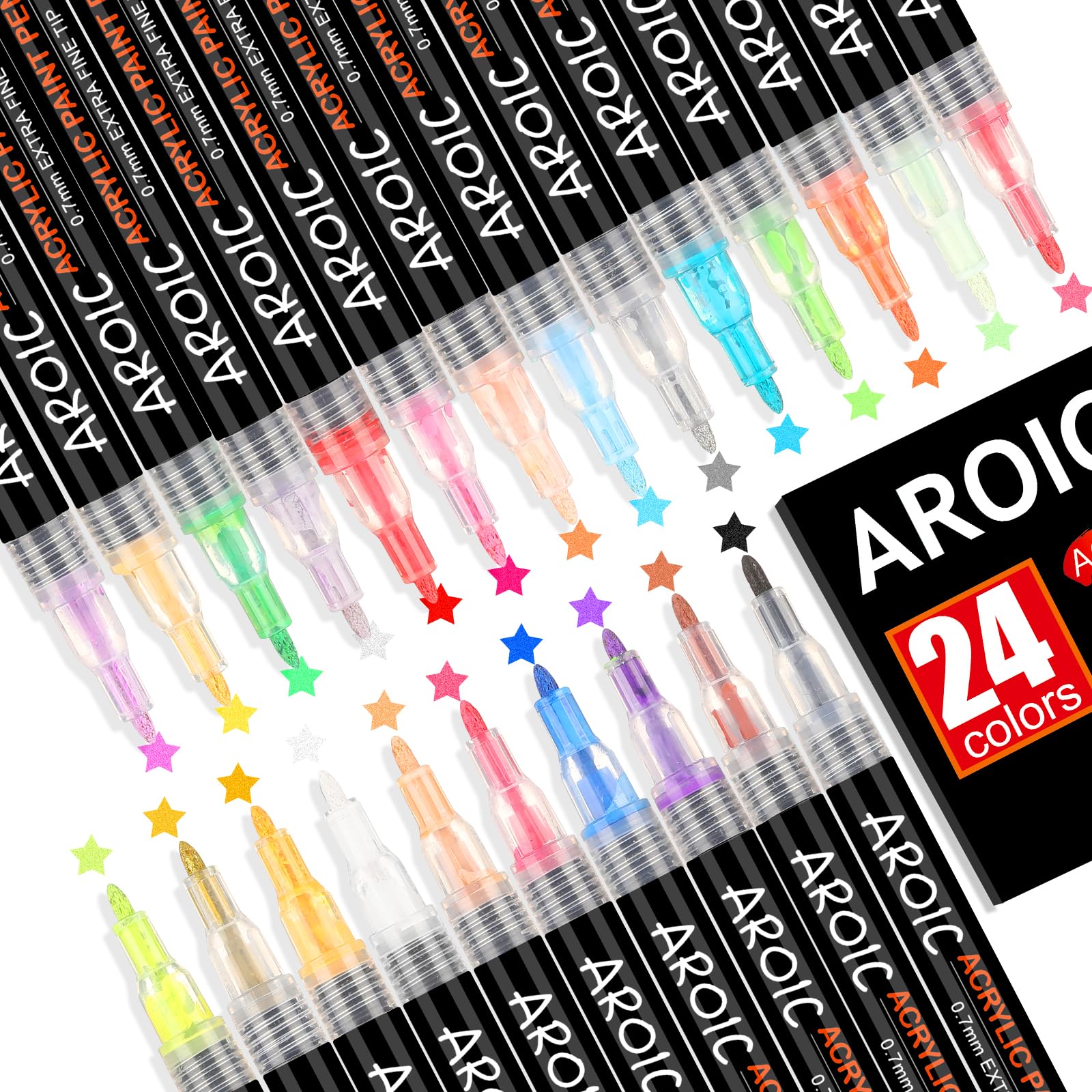 AROIC 24 Pack Acrylic Paint Pens for Rock Painting Fine Point Paint Markers Acrylic Paint Markers For Wood,Metal,Plastic,Glass,Canvas, Ceramic,Craft markers,Halloween Pumpkin Painting And More.