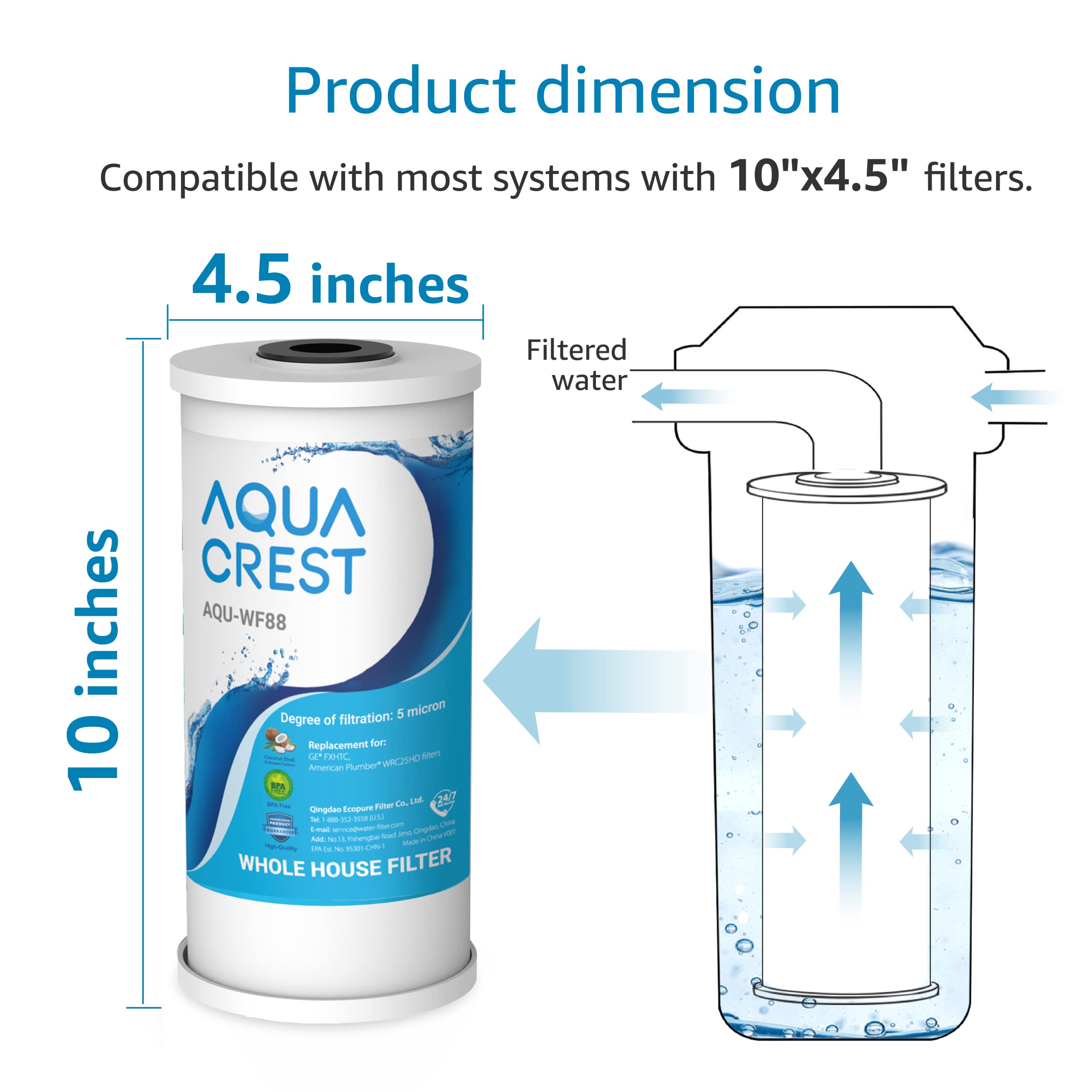AQUACREST FXHTC 5 Micron 10" x 4.5" Whole House Water Filter, Replacement for GE FXHTC, GXWH40L, American Plumber W10-PR, W10-BC, Culligan RFC-BBSA, GXWH35F, W50PEHD, Pentek R50-BB, Pack of 2