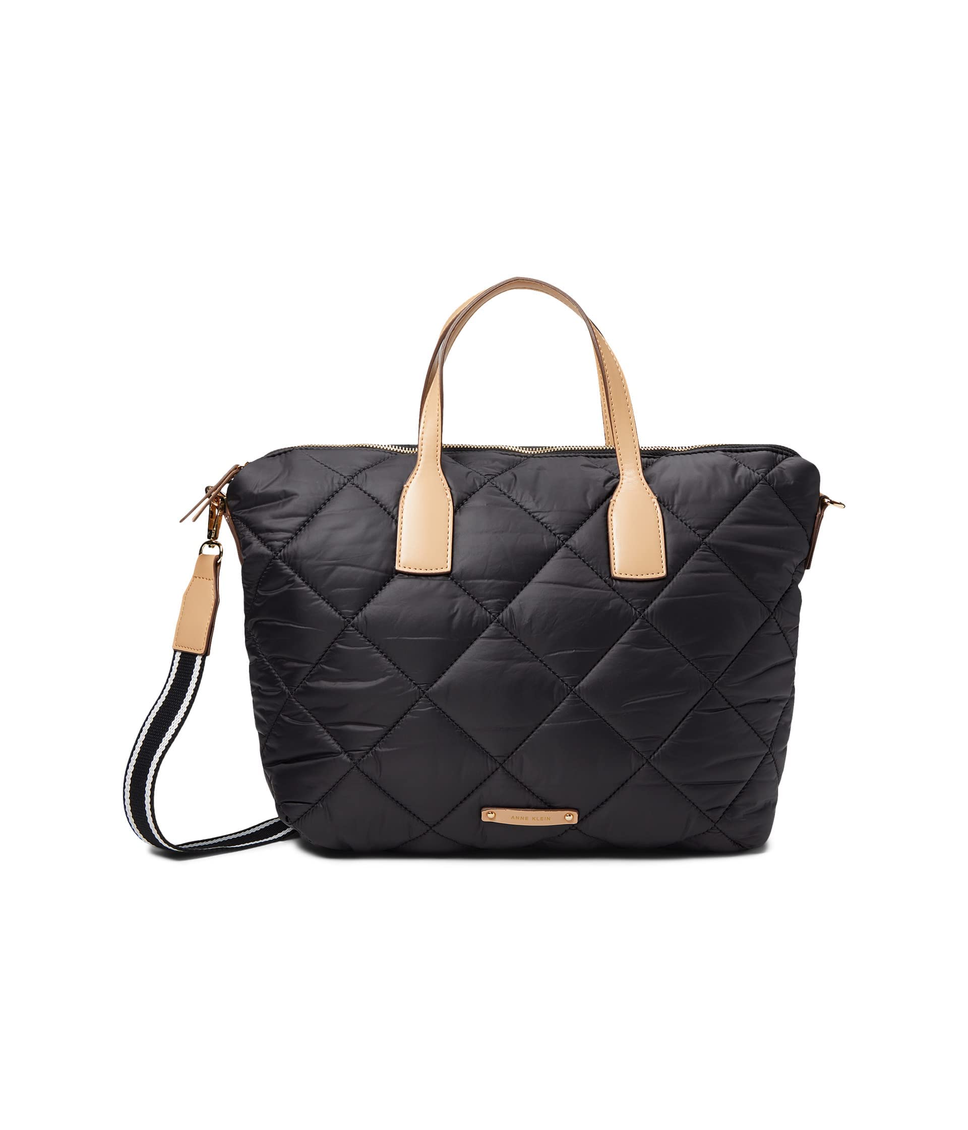 Anne Klein Quilted Nylon Satchel, Black/Warm Sand/Black-White Webbing