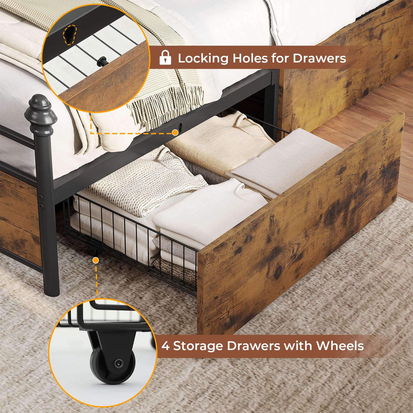 AOGLLATI Queen Bed Frame with 4 Storage Drawers, LED Bed Frame with Charging Station, Metal Platform Bed Queen Size with Storage Headboard, No Box Spring Needed