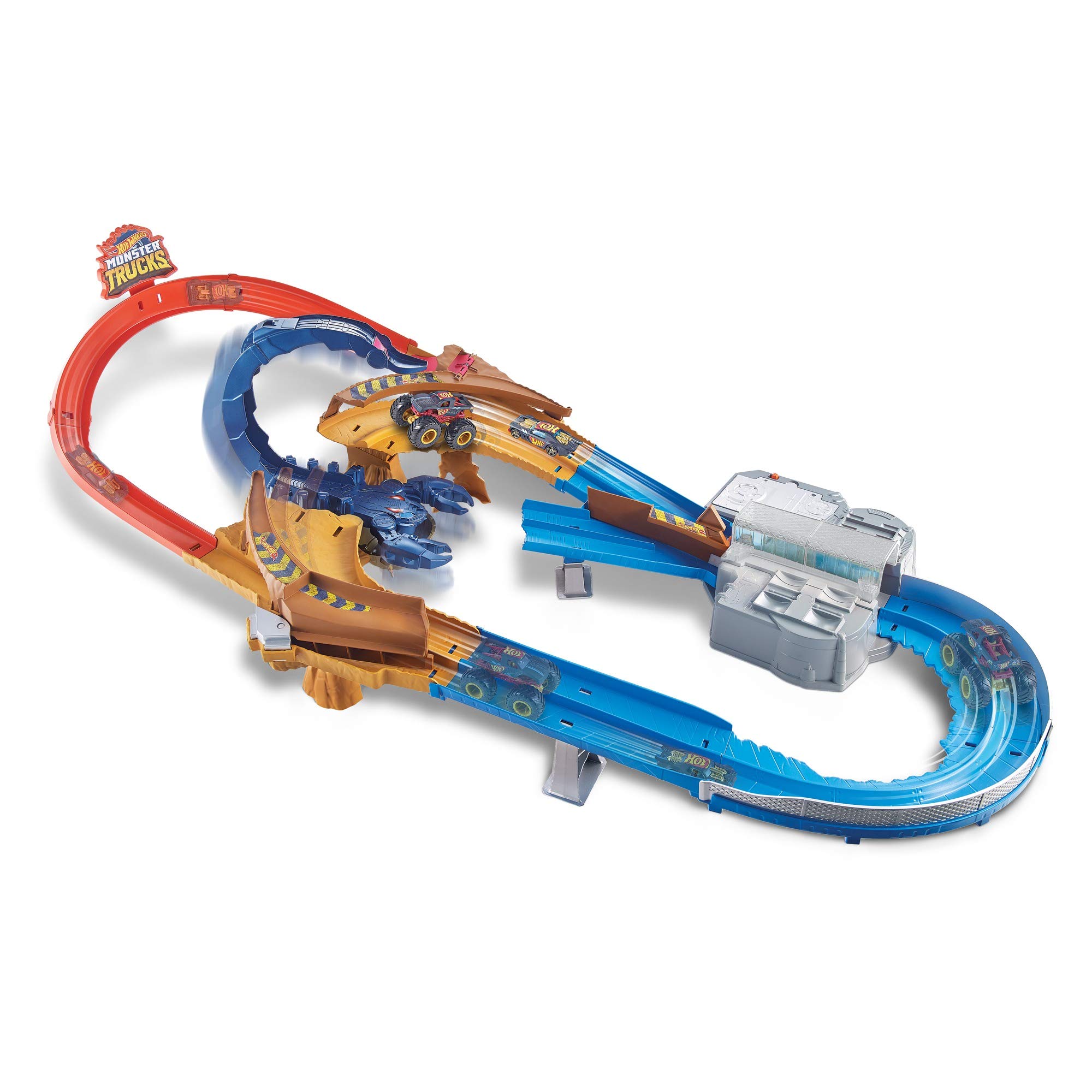 Hot Wheels Monster Trucks Scorpion Sting Raceway 3.5 feet Motorized Track Set with Giant Scorpion, 1:16 scale Monster Truck Podium Crasher & 1 Hot Wheels 1:64 Scale Night Shifter Model