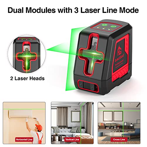 AmzGod Self Leveling Laser Level - 100ft/30m Green Cross Line Laser Level Line Tool with Dual Modules, 3 Brightness Adjustments, Manual and Pulse Mode, IP54 Waterproof, 360° Rotatable Magnetic Bracket