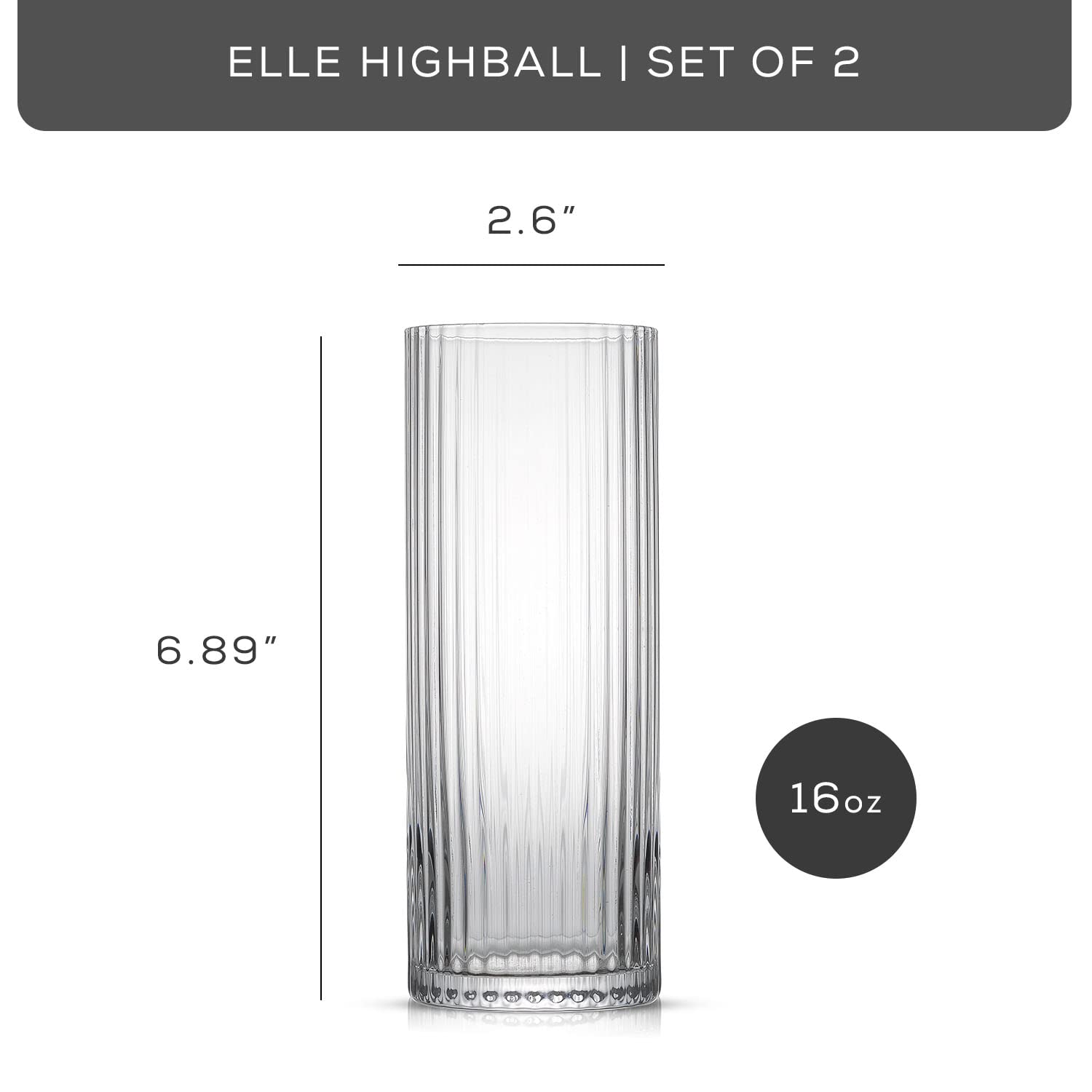 JoyJolt 16oz Fluted Highball Glasses - 2 Ribbed Tall Cocktail Tumblers for Gin, Juice, Water
